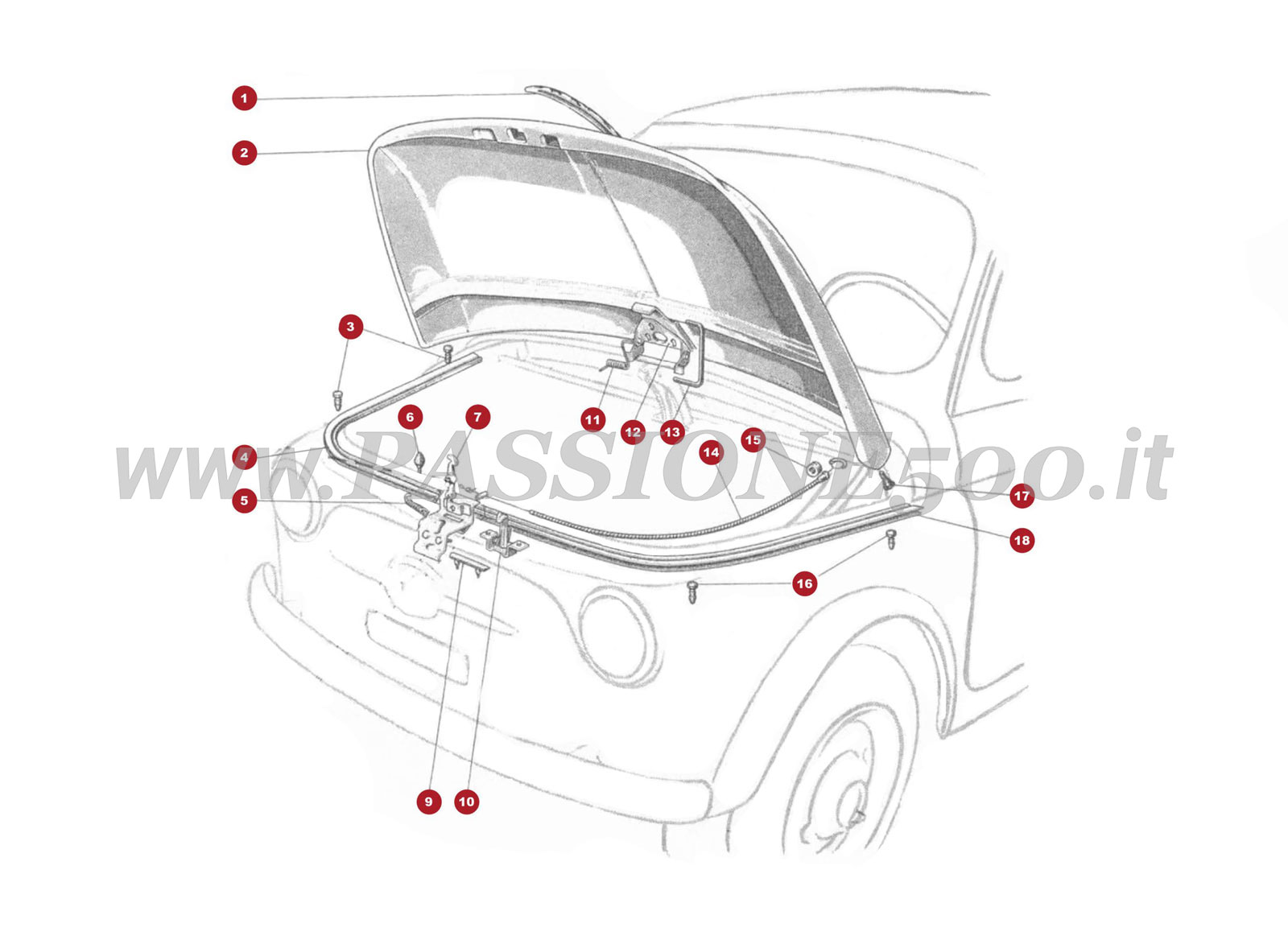 EXPLODED VIEW 1C – Front hood and parts FIAT 500 Giardiniera base D ...